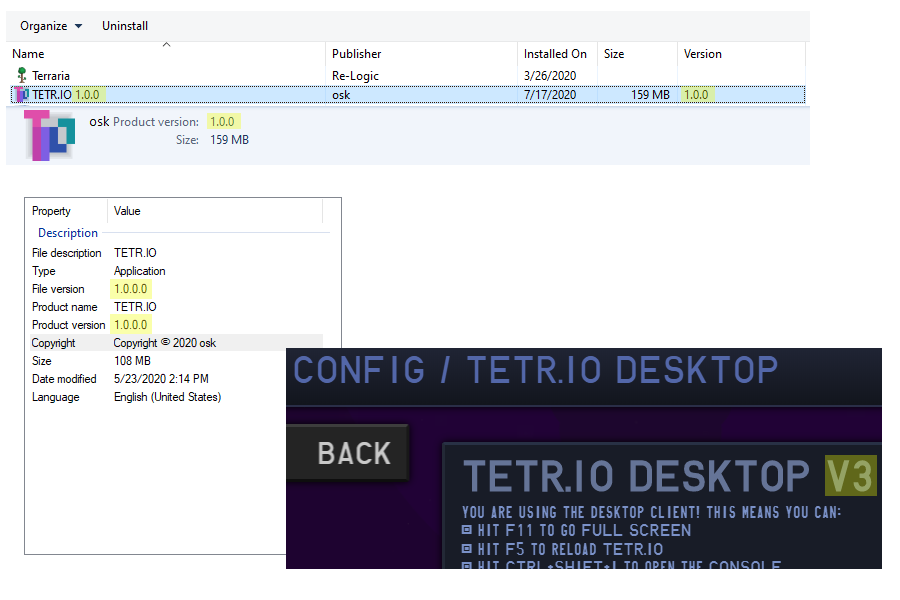 TETR.IO Desktop shows the wrong version number in control panel, and in the executable's ...