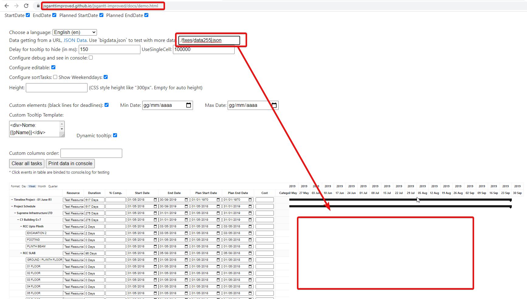 Grid is not showing with large data (ex data255 in the sample page ...
