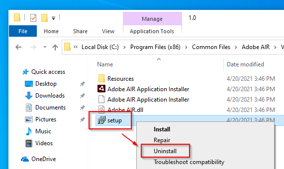 Adobe Air Runtime 33.1.1.444 can't be uninstalled from "Apps & Features ...