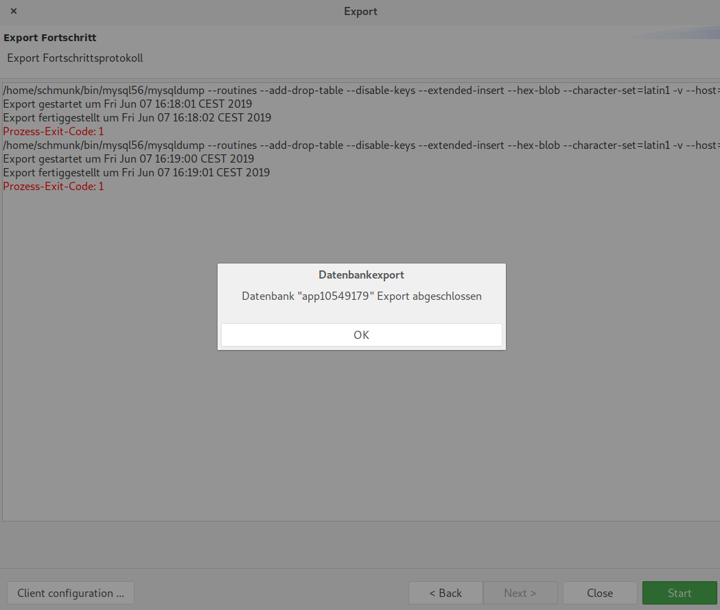 When there's an error while dumping a database, popup shows "completed ...