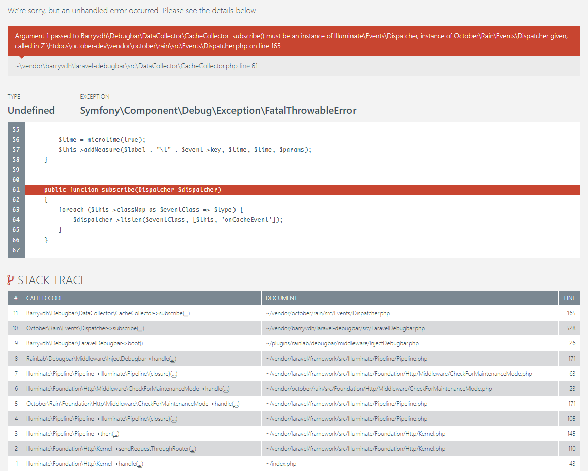 Argument 1 passed to Barryvdh\Debugbar\DataCollector\CacheCollector::subscribe() must be an ...
