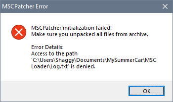 Unable to launch MSCPatcher to install Modloader, Access to path '...\MSCLoader\Log.txt' is ...
