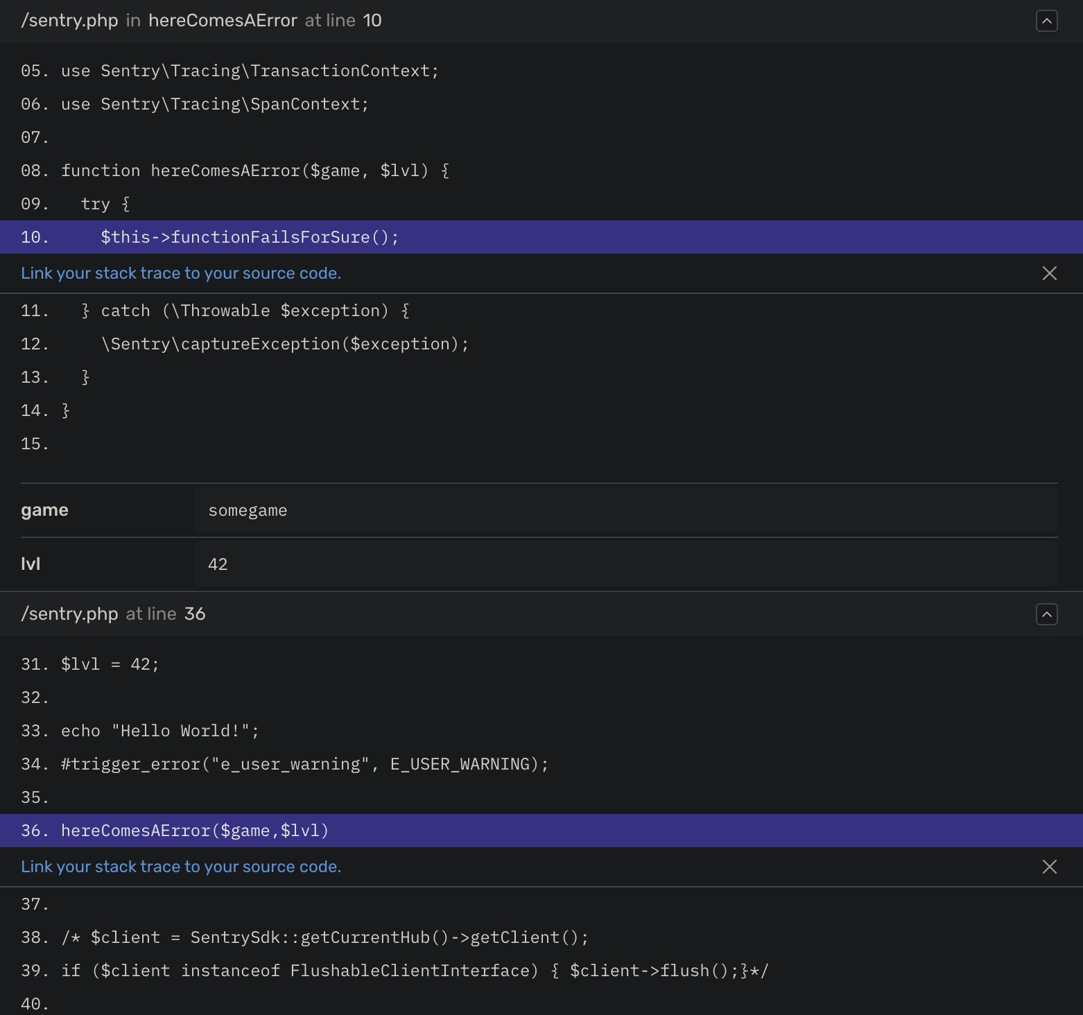 Local variables are not showing on stack trace · Issue #1220 · getsentry/sentry-php · GitHub