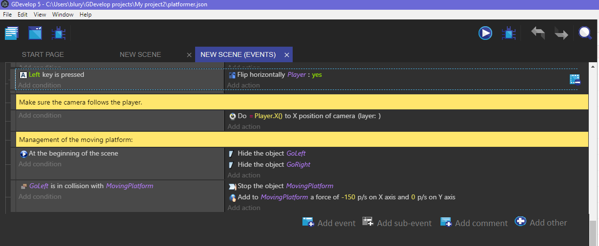 Add new Event row commands are hard to discover · Issue #666 · 4ian/GDevelop · GitHub