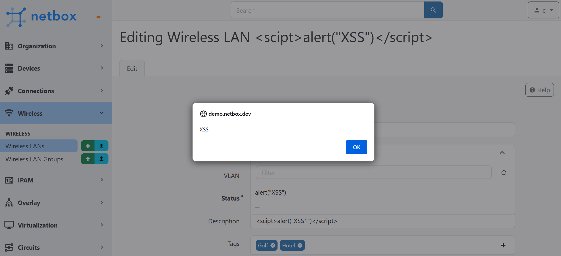 Stored Cross Site Scripting Vulnerability In Create Wireless Lan Groups Function In Netbox 35