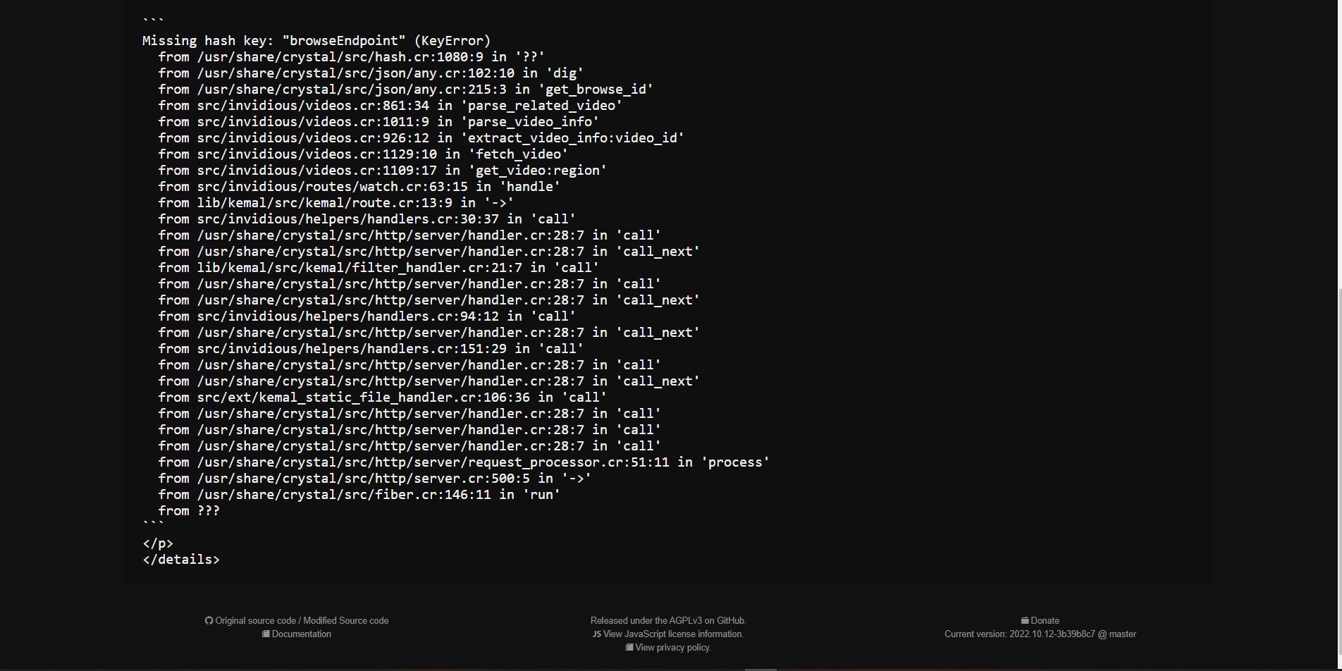 [Bug] Missing hash key: "browseEndpoint" (KeyError) · Issue #3349 · iv-org/invidious · GitHub