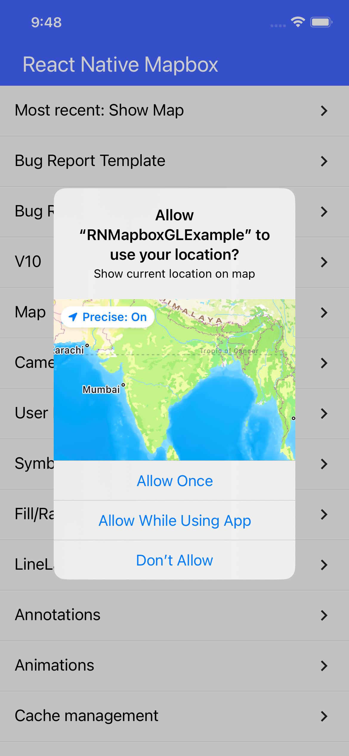 [Bug]: Application requesting Location Permission on launch time. · Issue #2583 · rnmapbox/maps ...