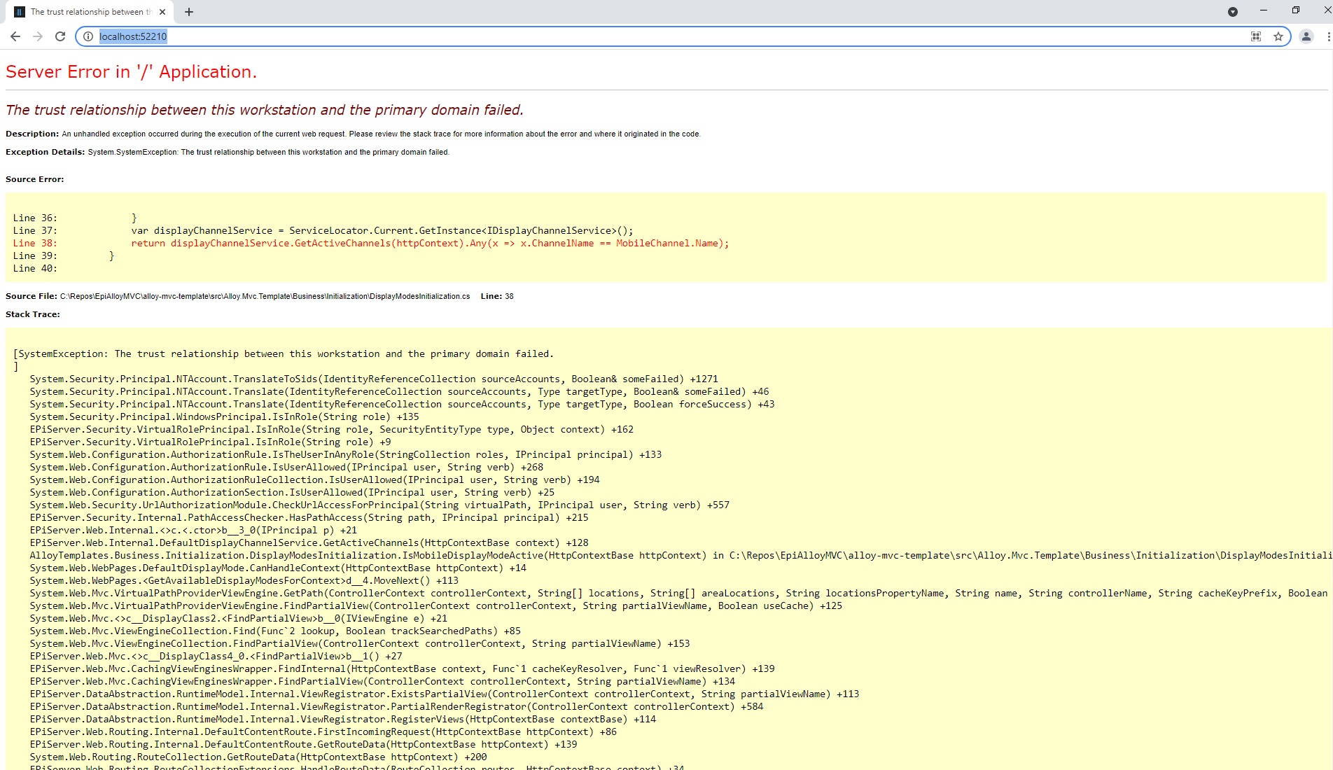 Unable to run project - The trust relationship between this workstation and the primary domain ...