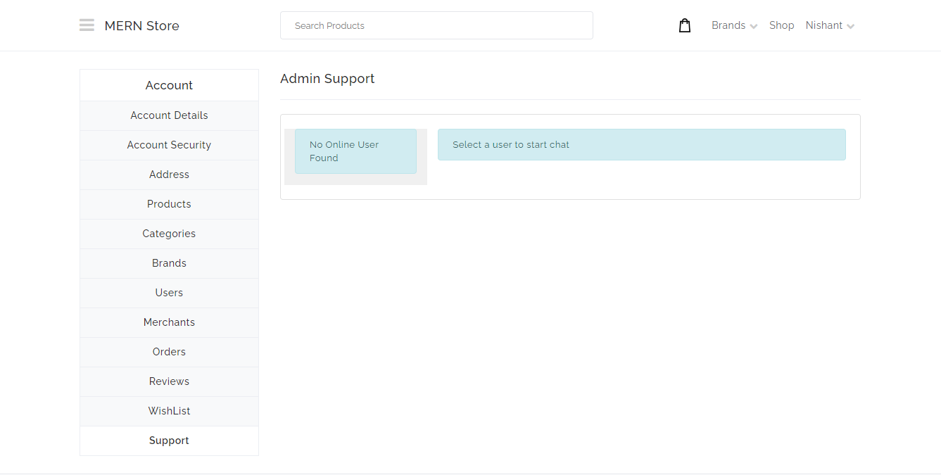 No online user found at the admin support tab on dashboard after sending support message by a ...