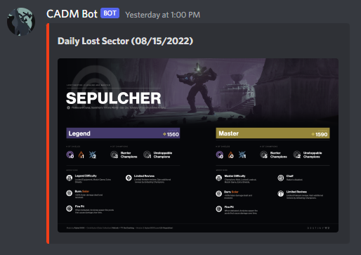 GitHub - TheeMush/Destiny2-Lost-Sector-Discord-Bot: Discord bot that sends a daily image of the ...