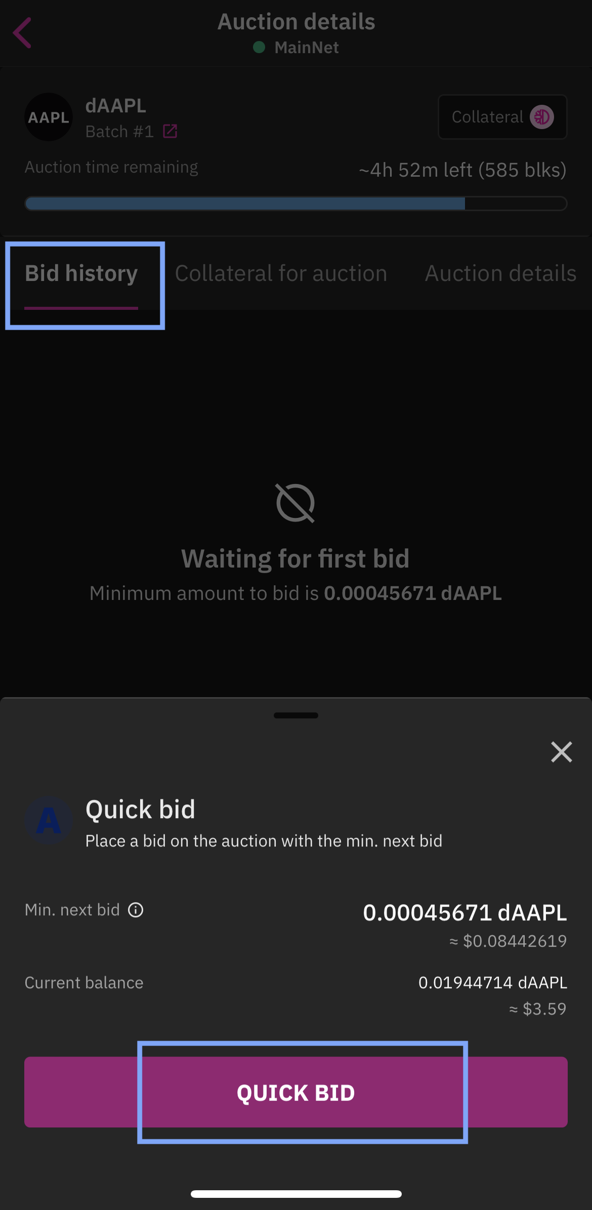 Auctions - Unable to `QUICK BID` from main screen · Issue #2327 · BirthdayResearch/defichain ...