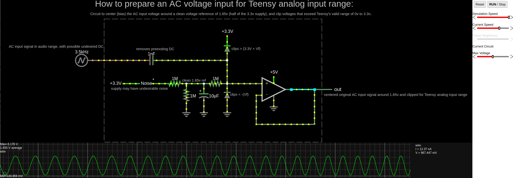 circuitjs circuit to center an input AC voltage signal around 1.65V (half of Teensy's 3.3V) and ...
