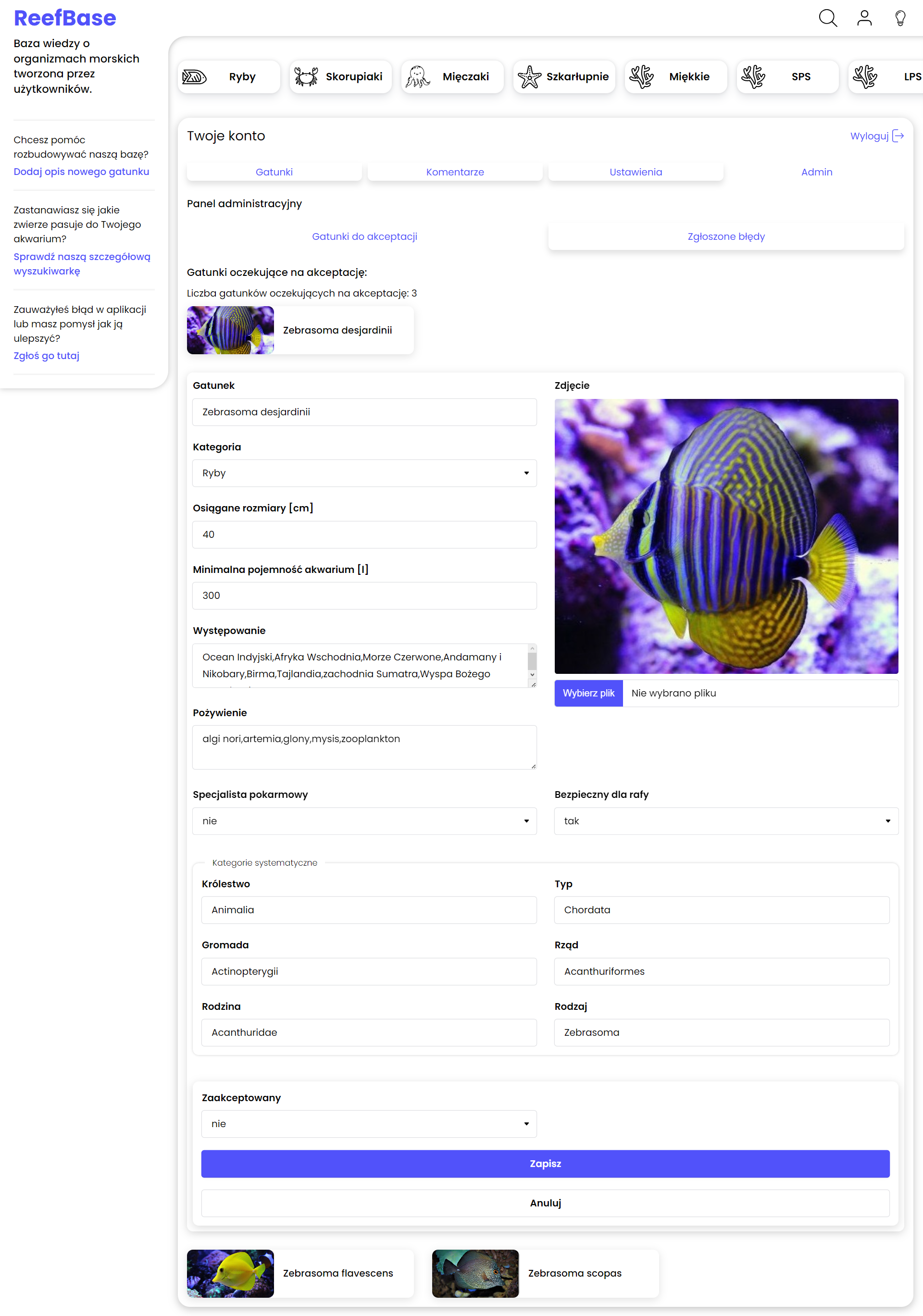 GitHub - bartekbednarz013/ReefBase: Polish-language marine organisms knowledge base for aquarists.