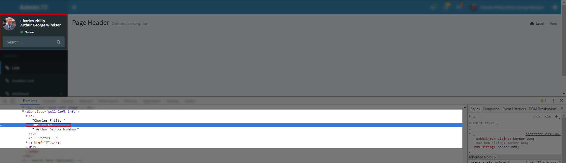 Big problems in div.user-panel>div.pull-left.info>p (long name + long ...