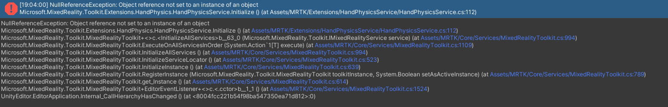 Switching from Standalone to UWP with Hand Physics Examples scene open in the editor throws a ...