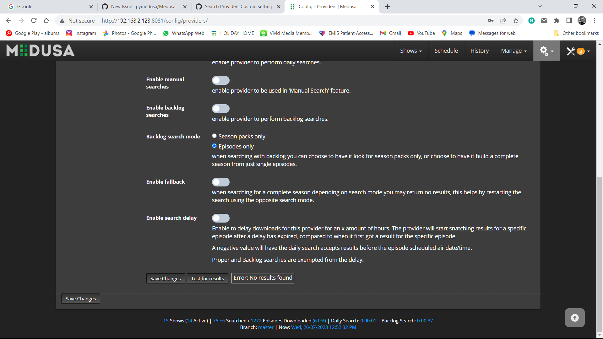 Search Providers Showing Error No Results Found · Issue 11423 · Pymedusamedusa · Github 