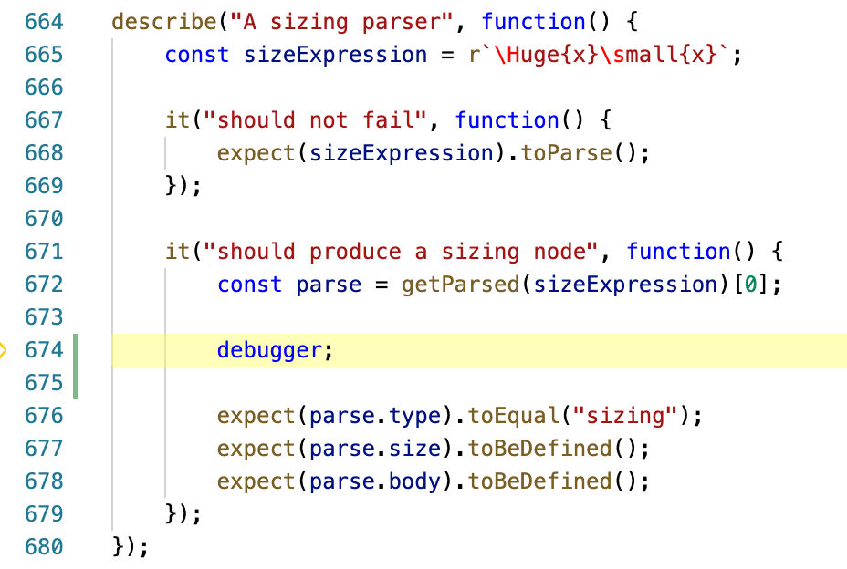 Parsing `\Huge{x}\small{x}` puts `small` sizing node in body of `Huge ...
