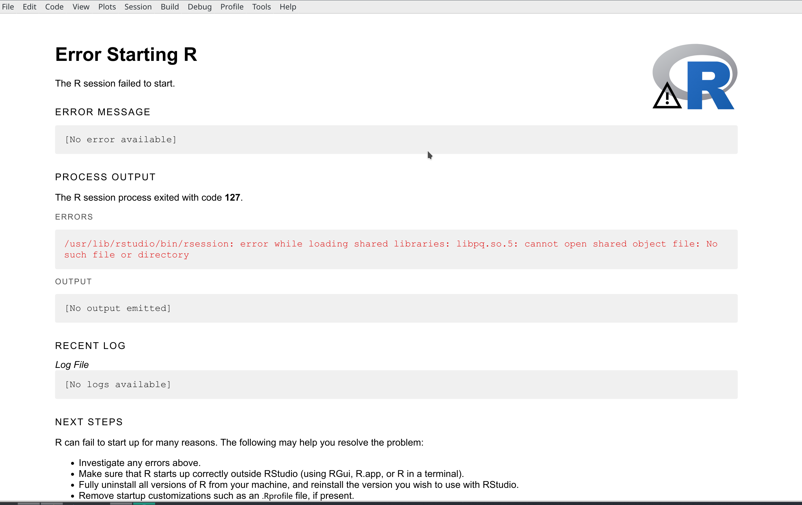 Error Starting R The R session failed to start. · Issue #8257 · rstudio ...