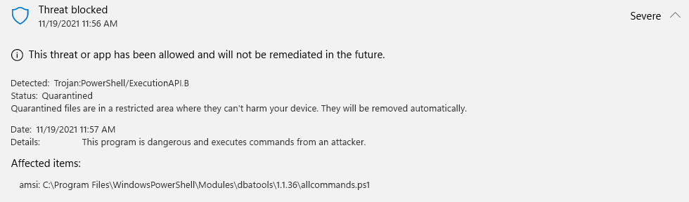 Possible issue with DBATools and Defender · Issue #7963 · dataplat/dbatools · GitHub