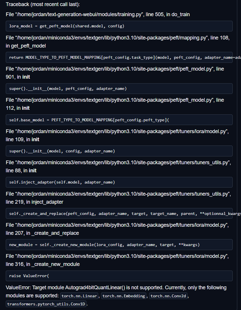 Valueerror Target Module Autograd4bitquantlinear Is Not Supported · Issue 3765 · Oobabooga