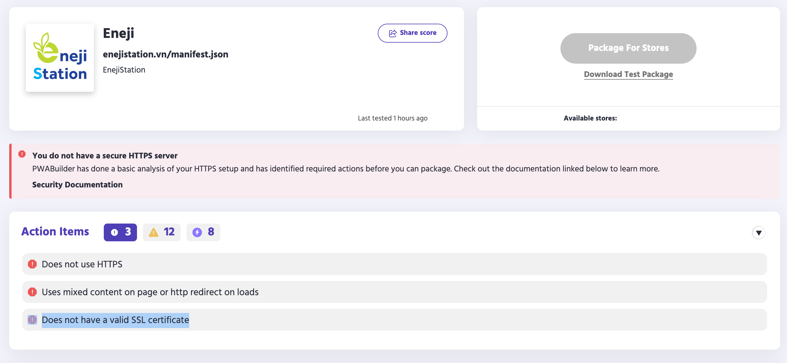 [BUG] Get "You do not have a secure HTTPS server" when get pwa app: https://enejistation.vn ...