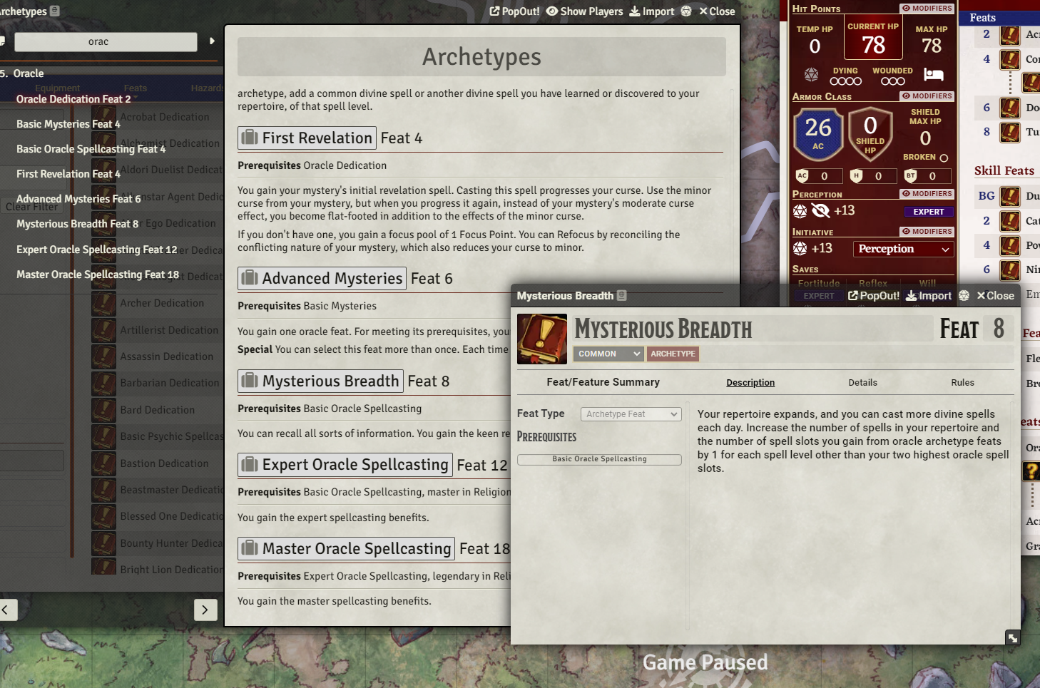 Journal entry for Oracle dedication has wrong text for Mysterious Breadth feat · Issue #6230 ...