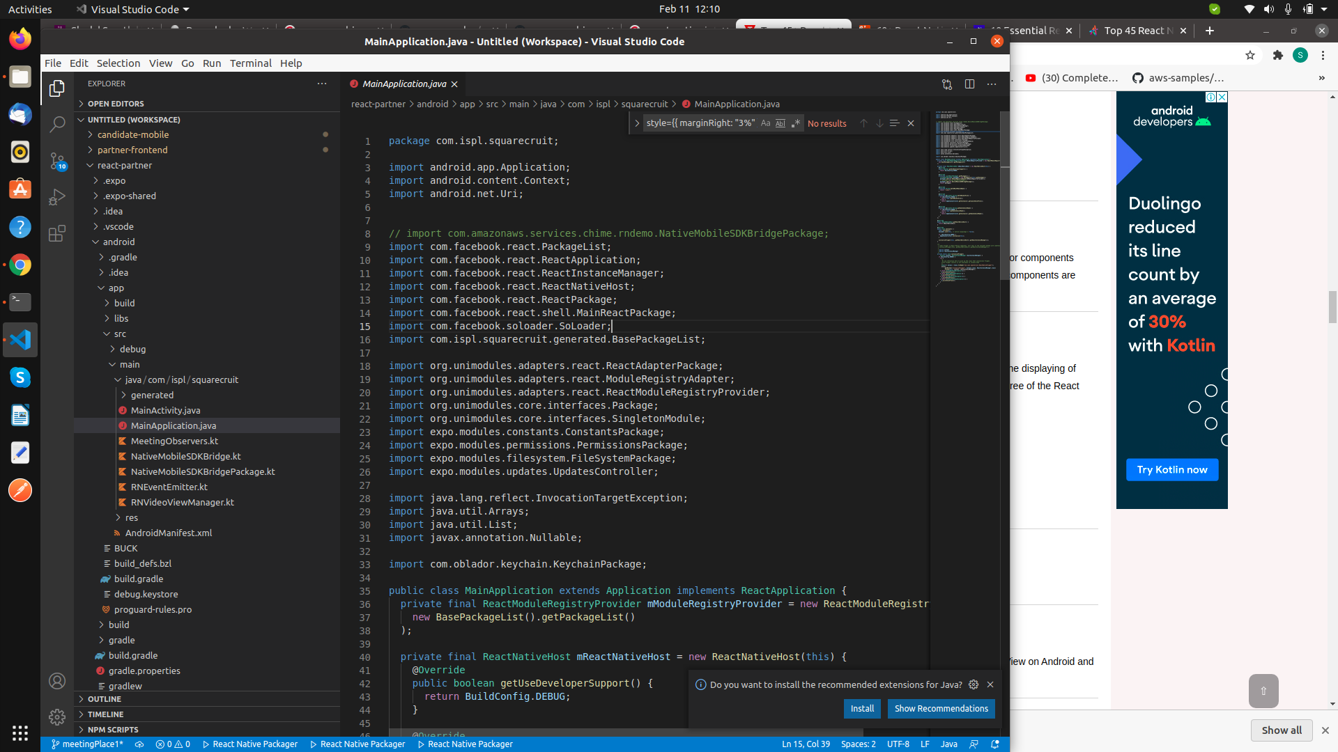 Error: packages.add(new NativeMobileSDKBridgePackage()) in MainApplication.java. cannot find ...