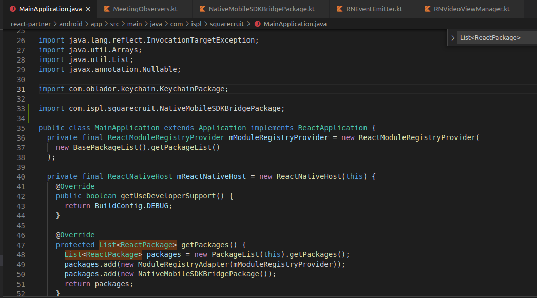 Error: packages.add(new NativeMobileSDKBridgePackage()) in MainApplication.java. cannot find ...