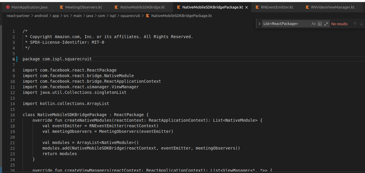 Error: packages.add(new NativeMobileSDKBridgePackage()) in MainApplication.java. cannot find ...
