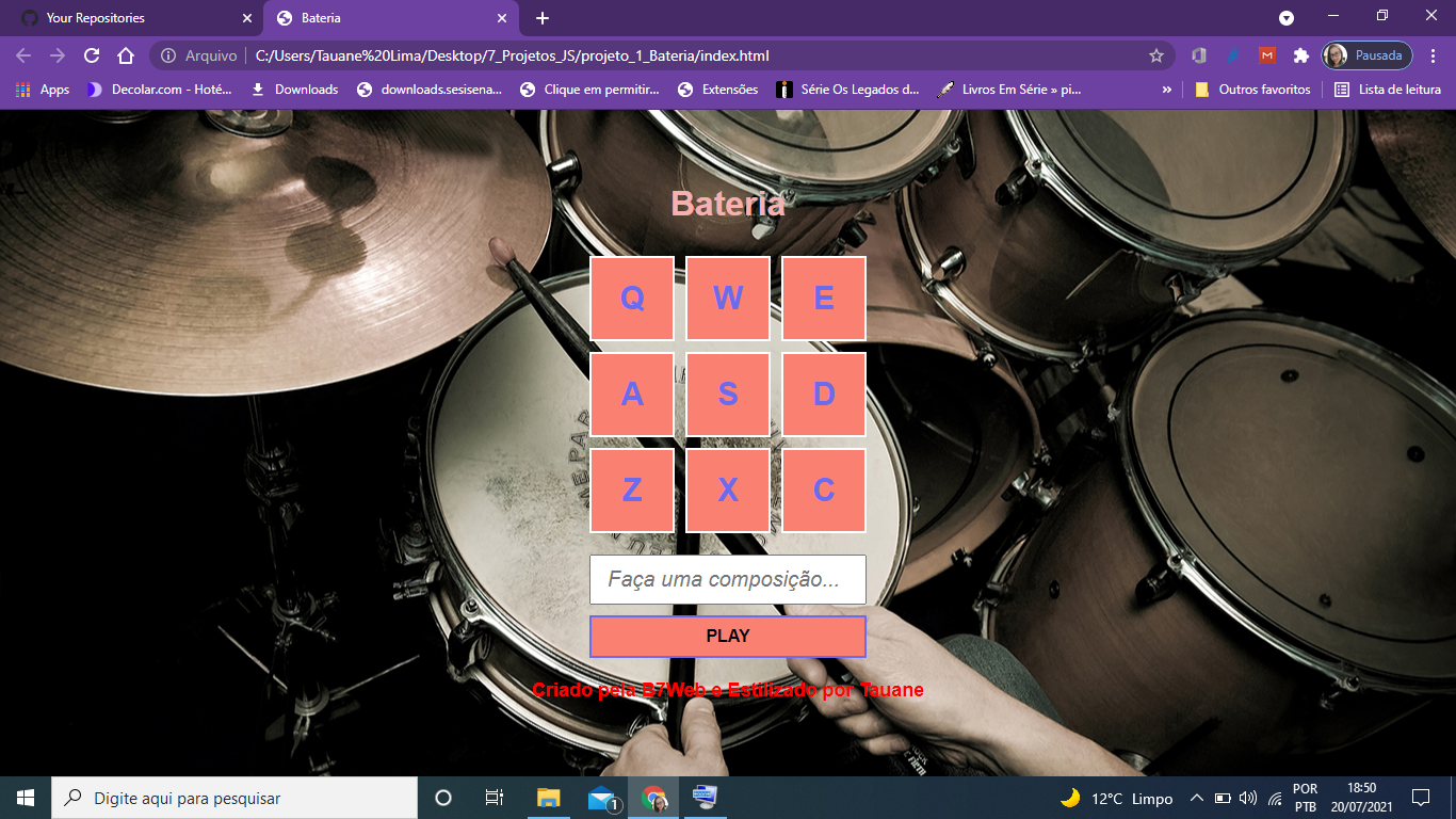 GitHub - TauaneLima/Bateria-em-JS: O primeiro projeto da Semana JavaScrito do Professor Boniecky ...