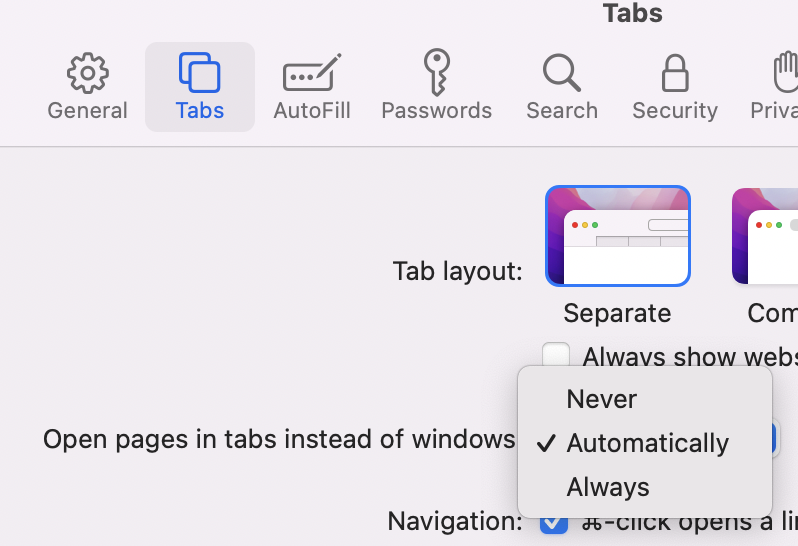 When reporting a website in Safari: open in a new tab instead of a window, or respect the ...