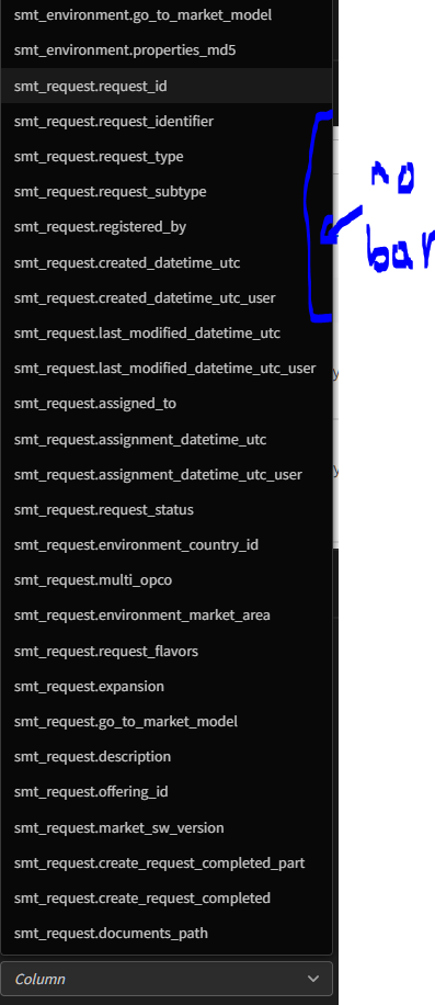 Side scroll bar does not appear when trying to select a column to filter with at Provider ...