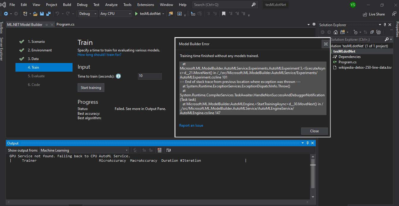 Training time finished without any models trained · Issue #1046 · dotnet/machinelearning ...