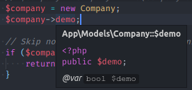 [Laravel+ide-helper] Completion of model-specific methods or columns does not appear when using ...