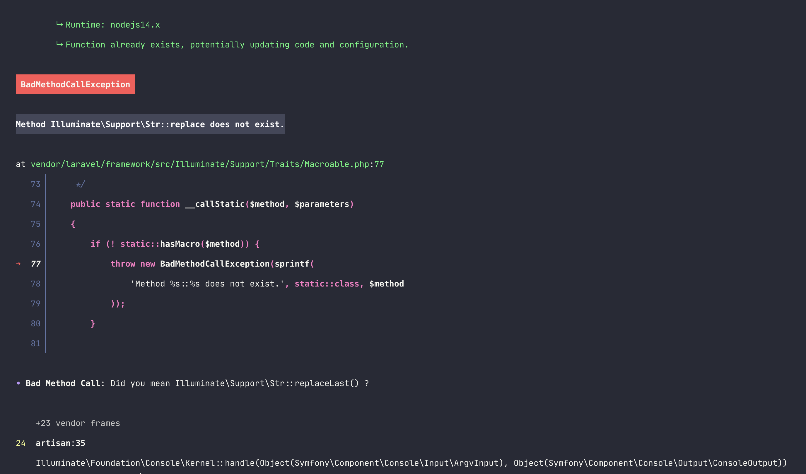 Method Illuminatesupportstrreplace Does Not Exist On Laravel 7 · Issue 91 · Aarondfrancis 