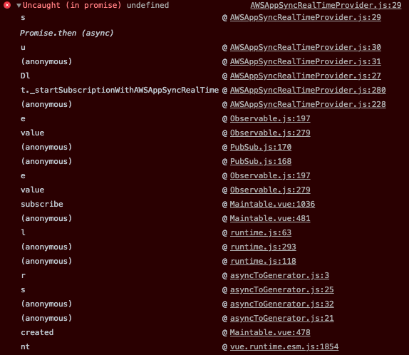 API.graphql .subscribe gives AWSAppSyncRealTimeProvider.js:29 Uncaught (in promise) undefined ...