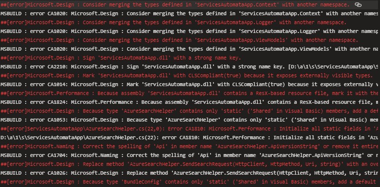 Run code analysis throwing many errors in azure devops build solution ...