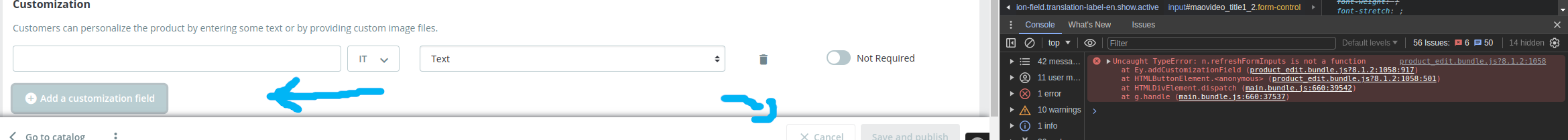 8.1.2 found a javascript error in the new product page pushing on "add a customization field ...
