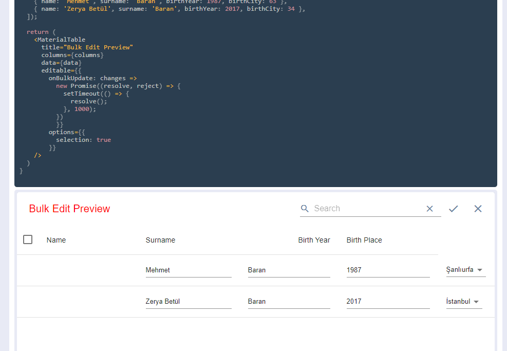 Bulk Edit with Selection · Issue #2750 · mbrn/material-table · GitHub