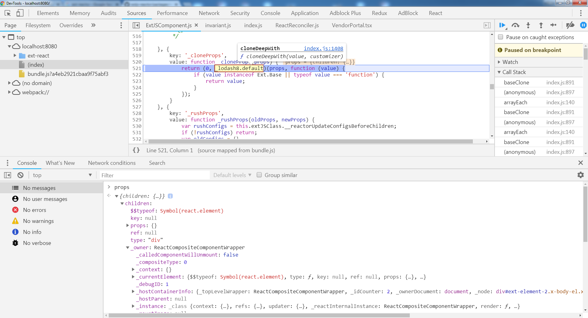 Using ext-react Container component with observer function throws Maximum call stack size ...