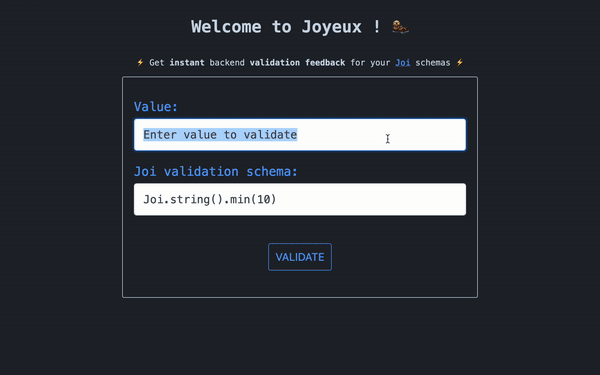 GitHub - argonathmos/joyeux: Instant Joi Validation feedback 🦦
