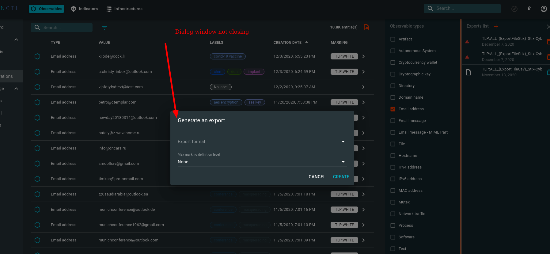 Export of Observables/Indicators is not working when a filter was applied · Issue #923 · OpenCTI ...