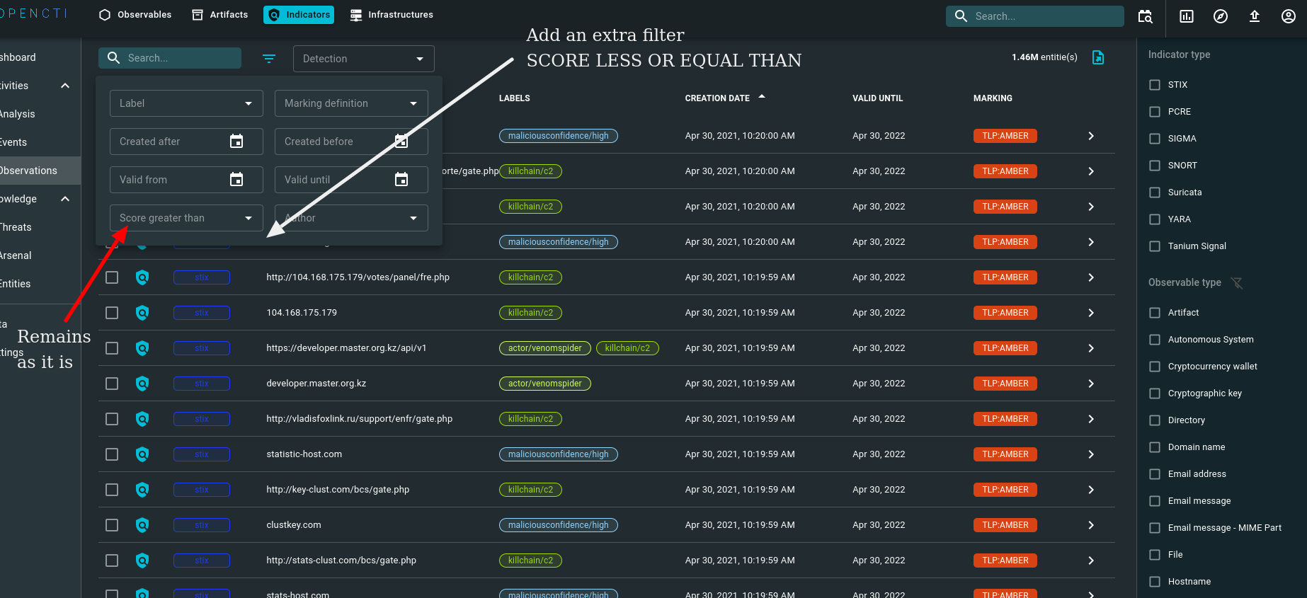 Score filters for Observables & Indicators · Issue #1313 · OpenCTI-Platform/opencti · GitHub