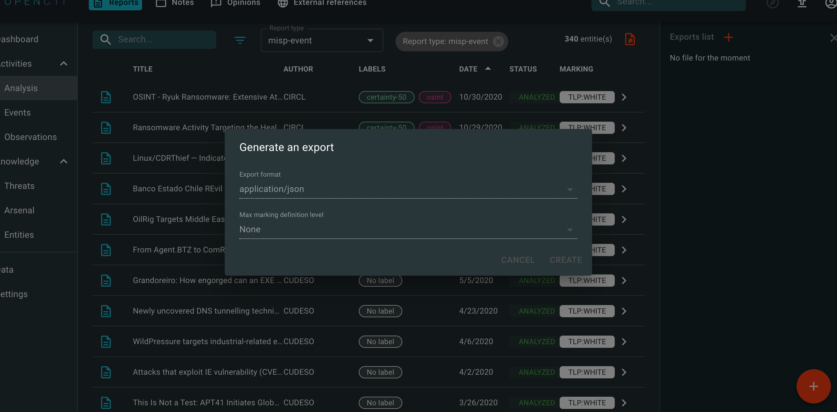 Export of reports is bugging · Issue #909 · OpenCTI-Platform/opencti · GitHub