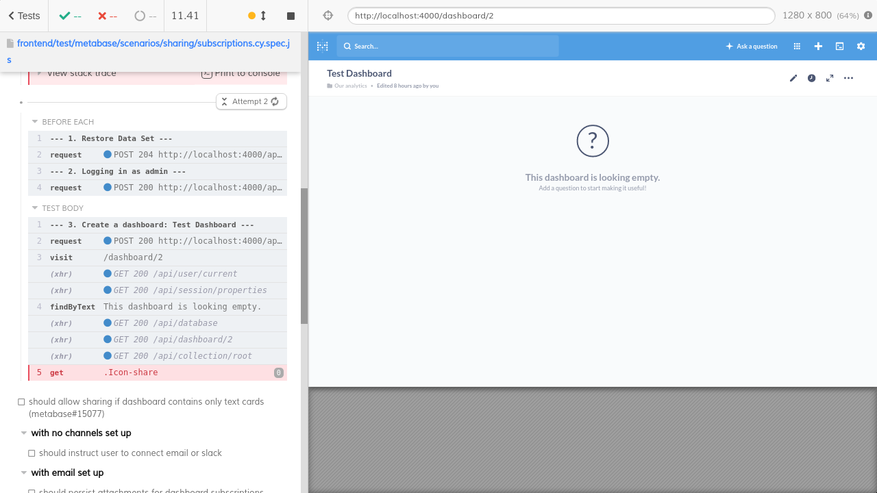 Investigatefix `should Not Allow Sharing If There Are No Dashboard Cards` E2e Sharing Test 5578