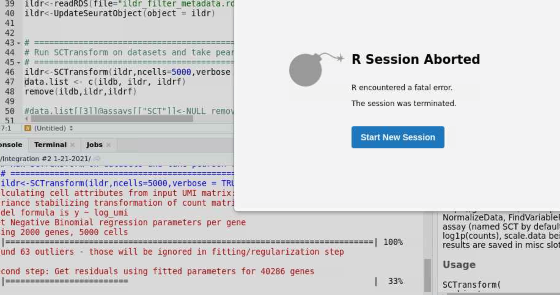SCTransform crashes R with large dataset? · Issue #3963 · satijalab/seurat · GitHub