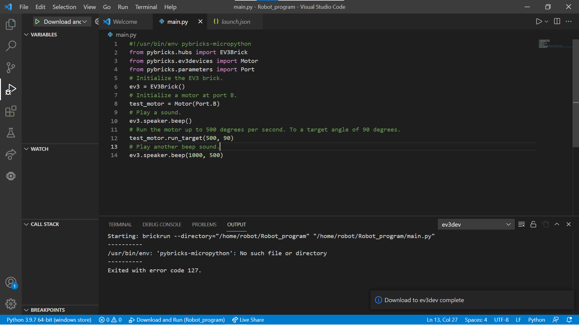 #!/usr/bin/env pybricks-micropython returns error message in visual ...