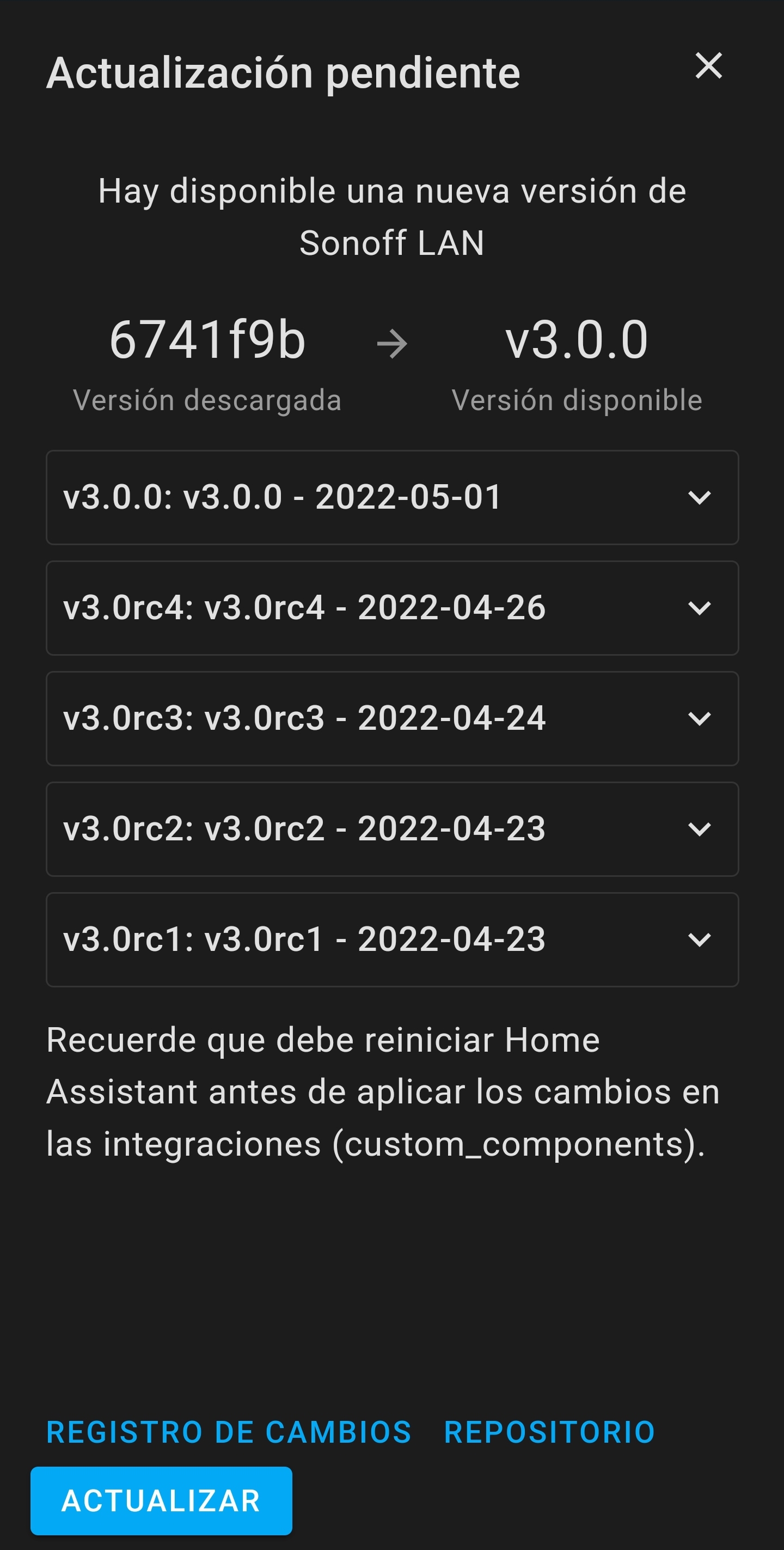 V3.0.3 dissapear from HACS after upgrade to 2022.5 · Issue #818 · AlexxIT/SonoffLAN · GitHub