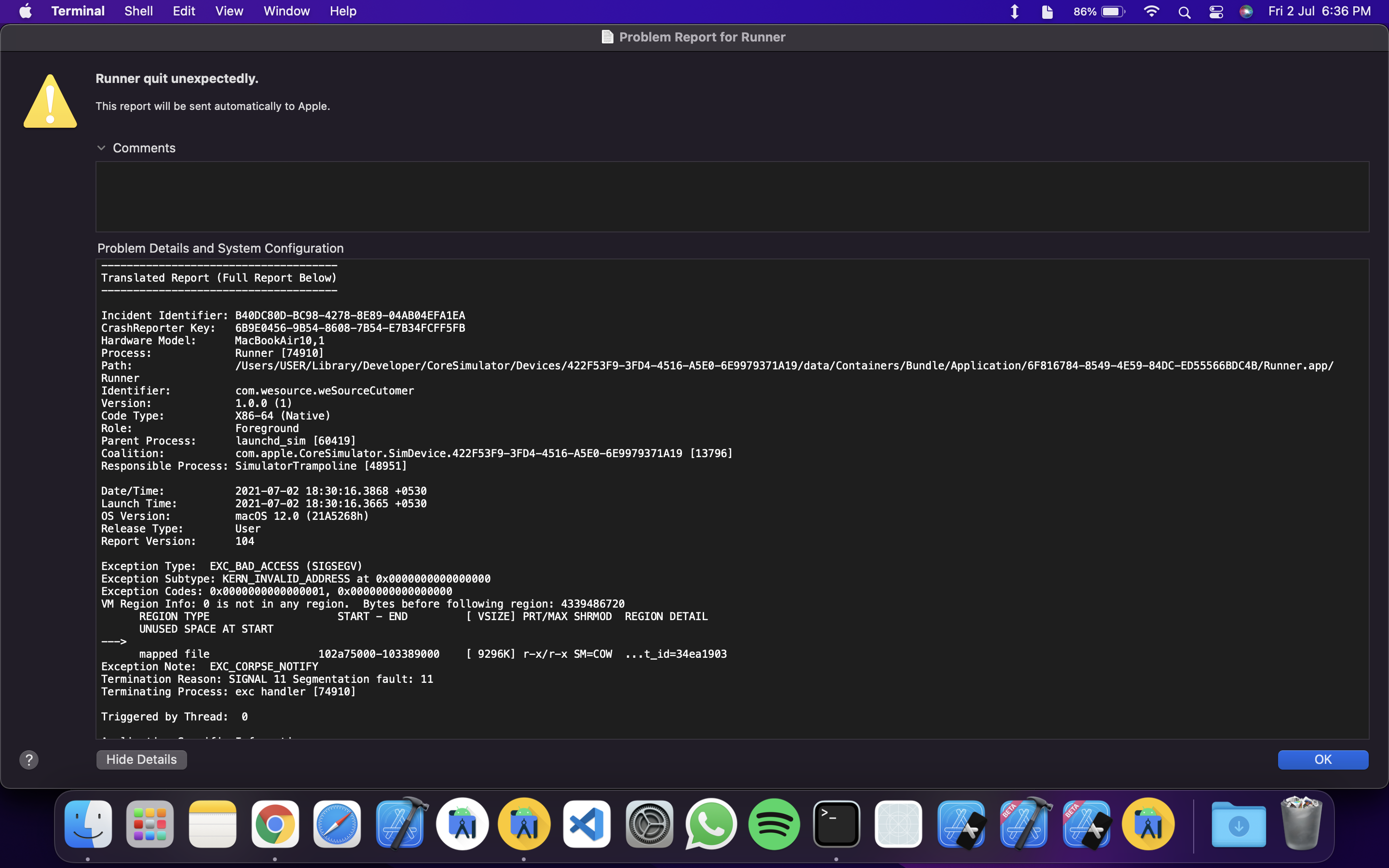 [macOS Moneterey] App crashes when running simulator · Issue #85545 · flutter/flutter · GitHub