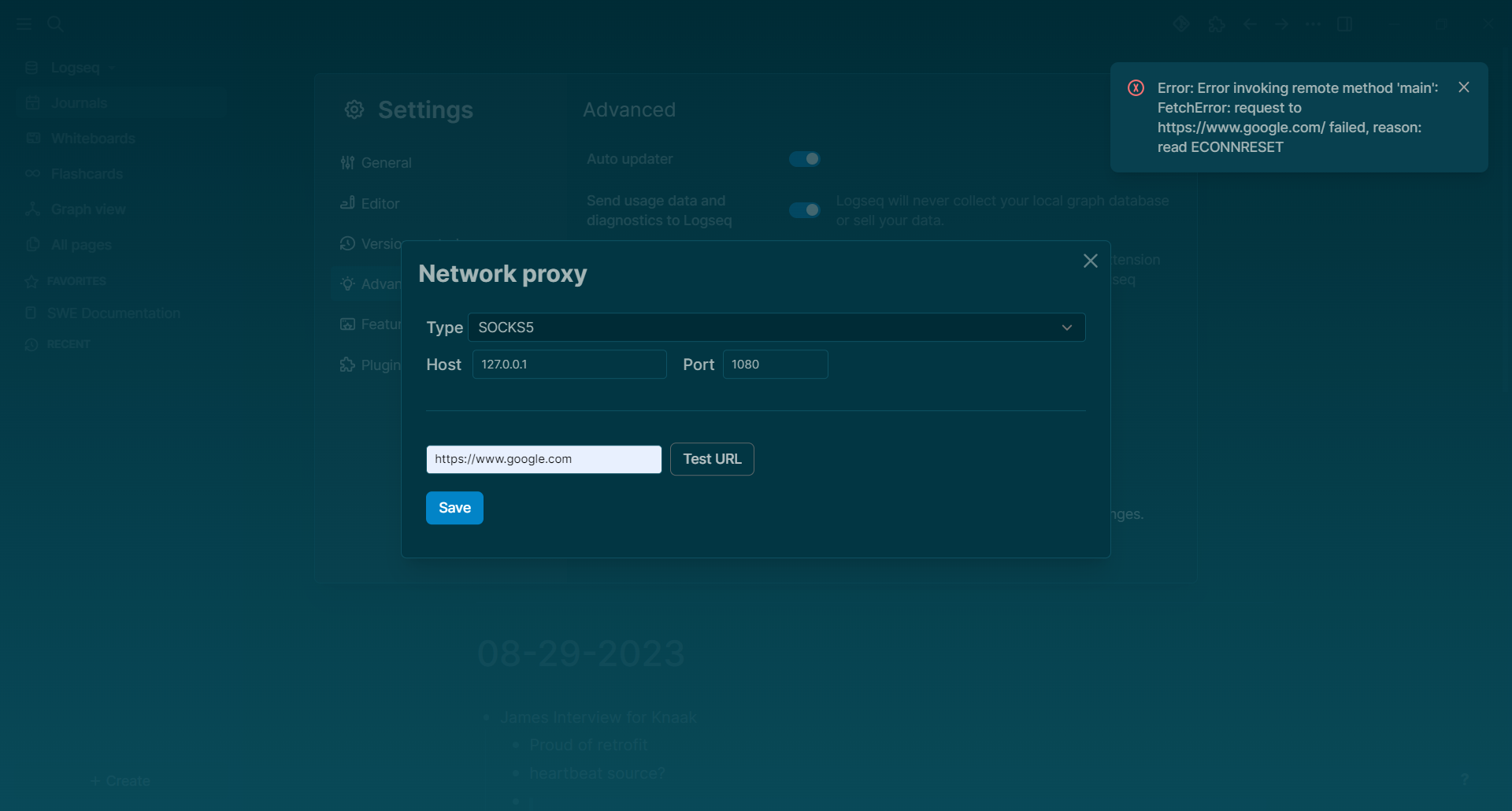 Using a SOCKS5 proxy results in error · Issue #10196 · logseq/logseq · GitHub